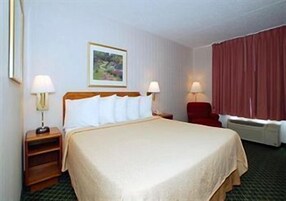 Quarto de hotel com cama, duas mesas de cabeceira com abajures, uma cadeira vermelha, uma janela com cortinas e um quadro na parede.