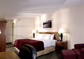 Quarto de hotel com uma cama, duas luminárias de cabeceira, mesa de cabeceira, uma cadeira e uma escrivaninha.