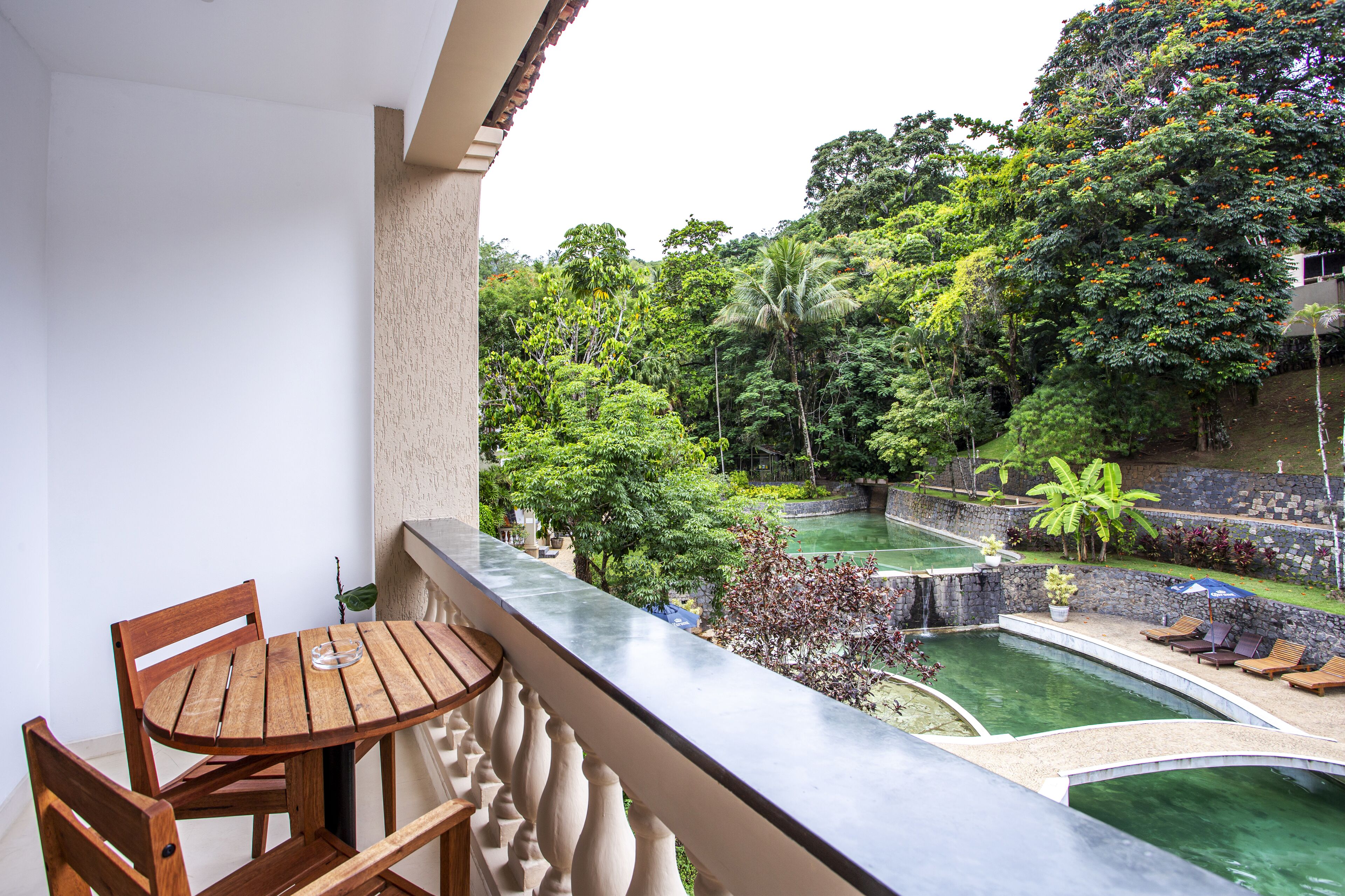 Varanda com mesa e cadeiras de madeira, com vista para uma piscina e vegetação exuberante.