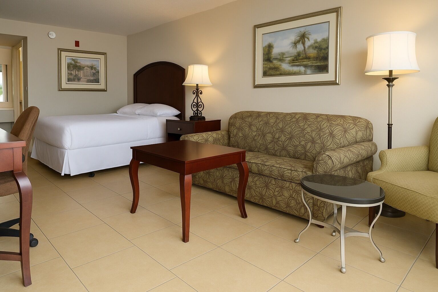 Quarto de hotel com cama, sofá, mesa pequena, cadeira e duas luminárias.
