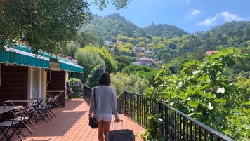 Uma mulher caminhando em um deck de madeira com mesas e cadeiras ao ar livre, com vista para um vale exuberante e edifícios ao longe.