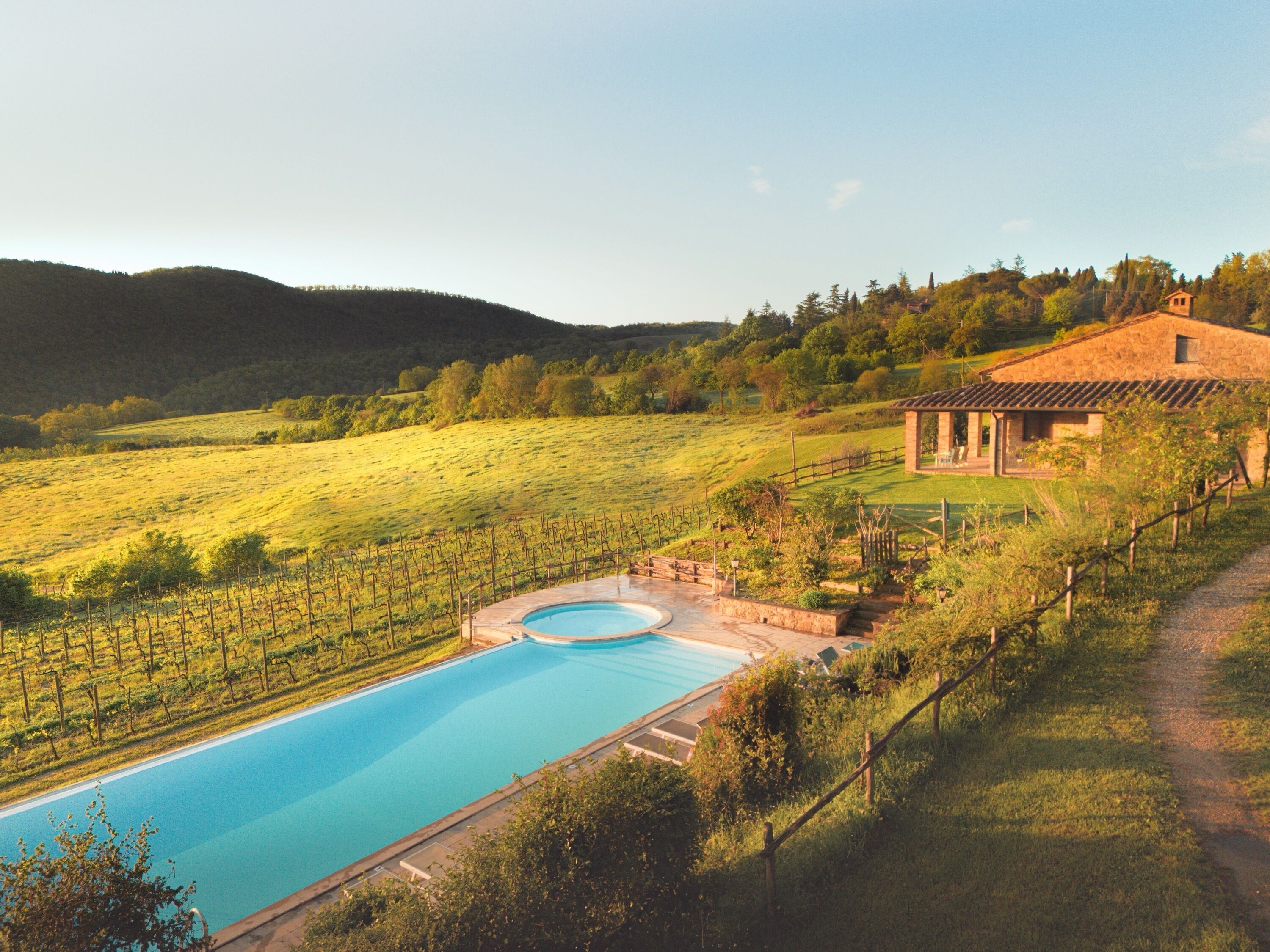 Piscina com deck de pedra, cercada por vinhedos, uma casa rústica e colinas ondulantes.