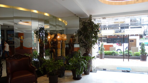 Um hall com piso de mármore, um espelho grande e algumas plantas em vasos.