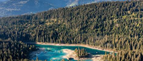 Paisagem montanhosa com um lago azul-turquesa rodeado por floresta densa e picos nevados ao fundo.