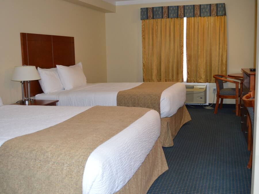 Quarto de hotel com duas camas, uma escrivaninha, uma cadeira, um abajur e uma janela com cortinas.
