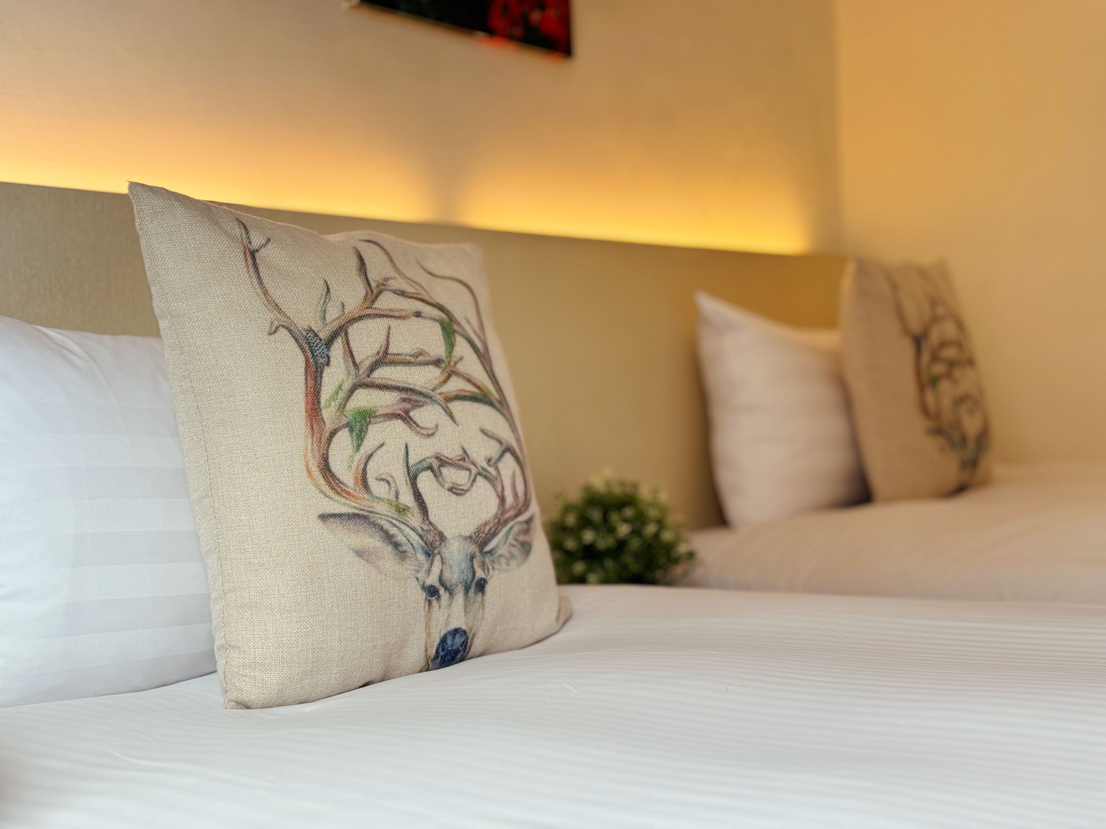 Cama bem arrumada com lençóis brancos e almofadas decorativas com estampas florais.
