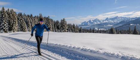 Uma pessoa praticando esqui cross-country em um caminho coberto de neve, com uma paisagem montanhosa ao fundo.