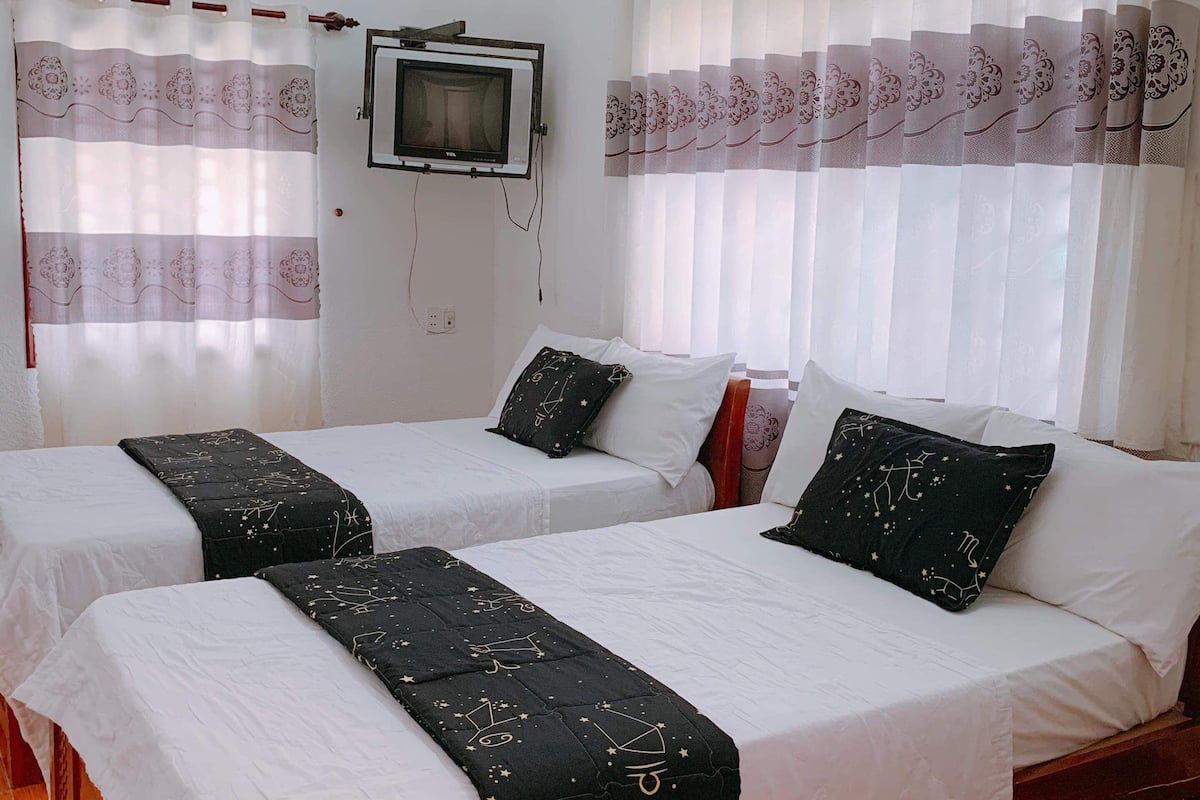 Quarto de hotel com duas camas, televisão e cortinas.