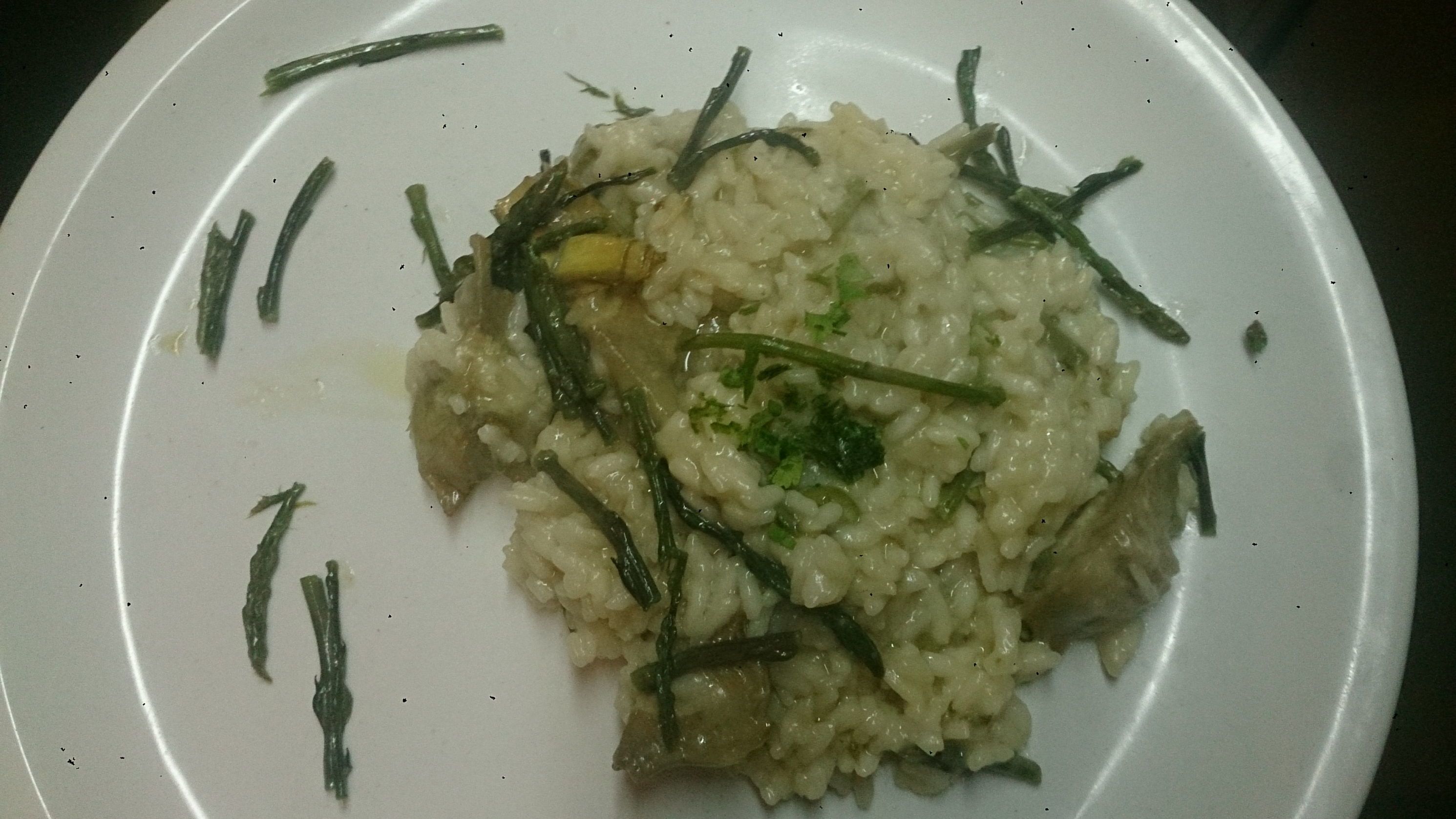 Prato de arroz com vegetais e ervas verdes.