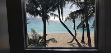 Vista da praia pela janela, com palmeiras e um veleiro ao longe.