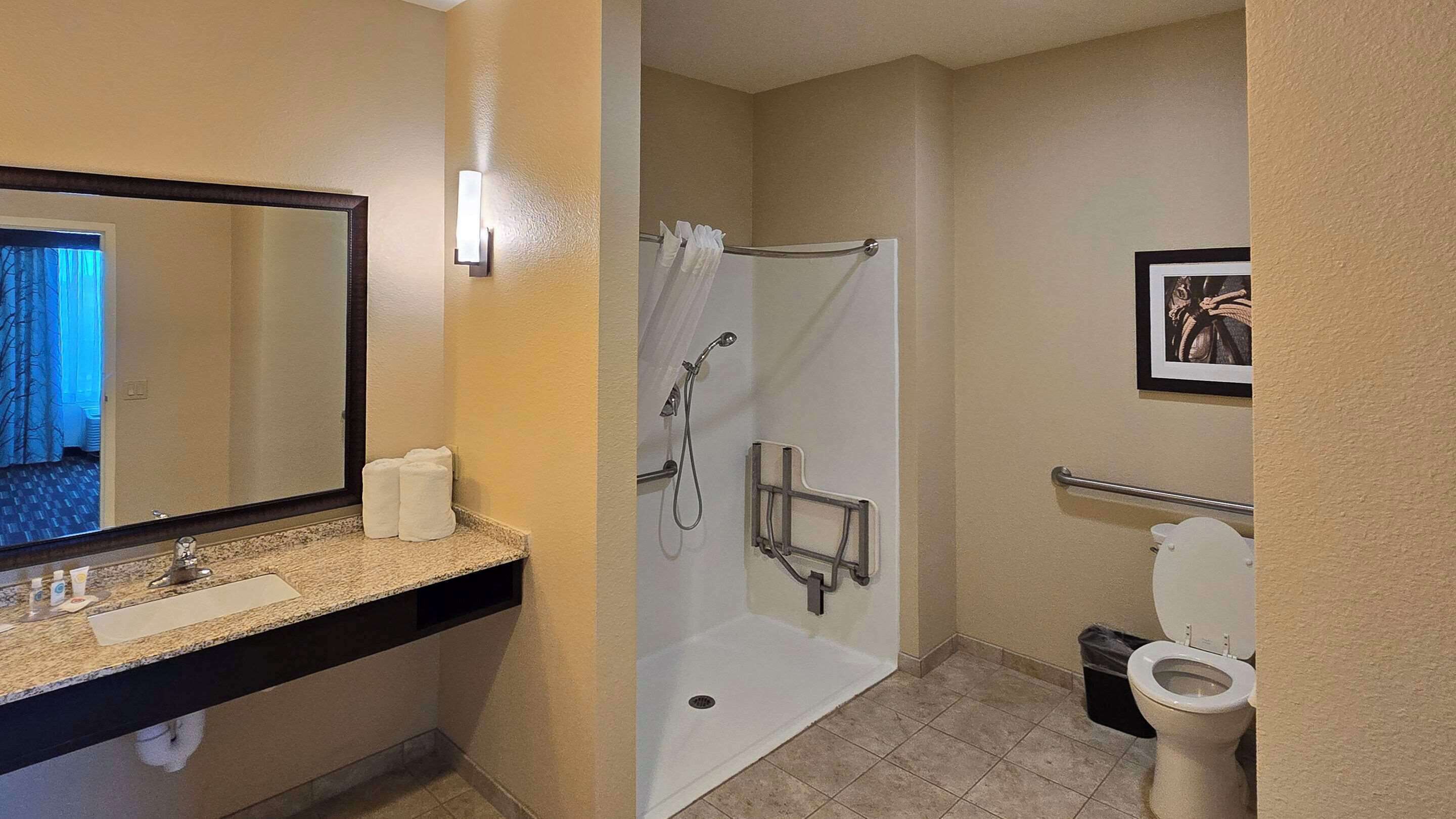 Uma casa de banho de hotel com lavatório, espelho, chuveiro, sanita e um quadro emoldurado na parede.