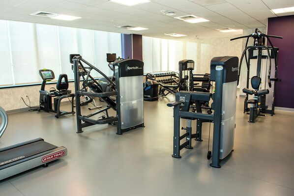 Academia com equipamentos de cardio, máquinas de musculação e halteres.