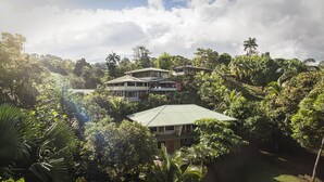 Uma casa de vários andares cercada por vegetação exuberante, com um telhado verde notável e várias varandas.