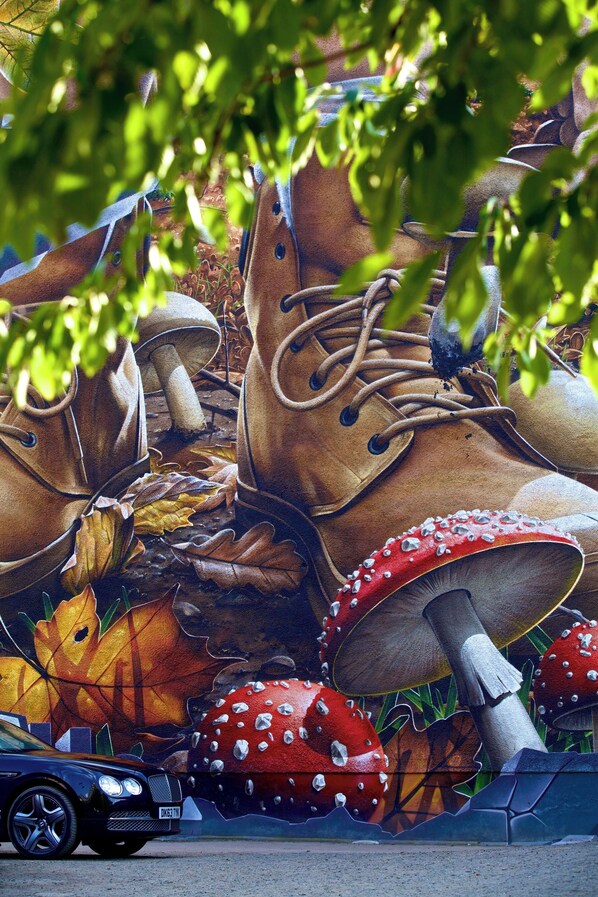 Um mural com sapatos e cogumelos, com um carro em primeiro plano.
