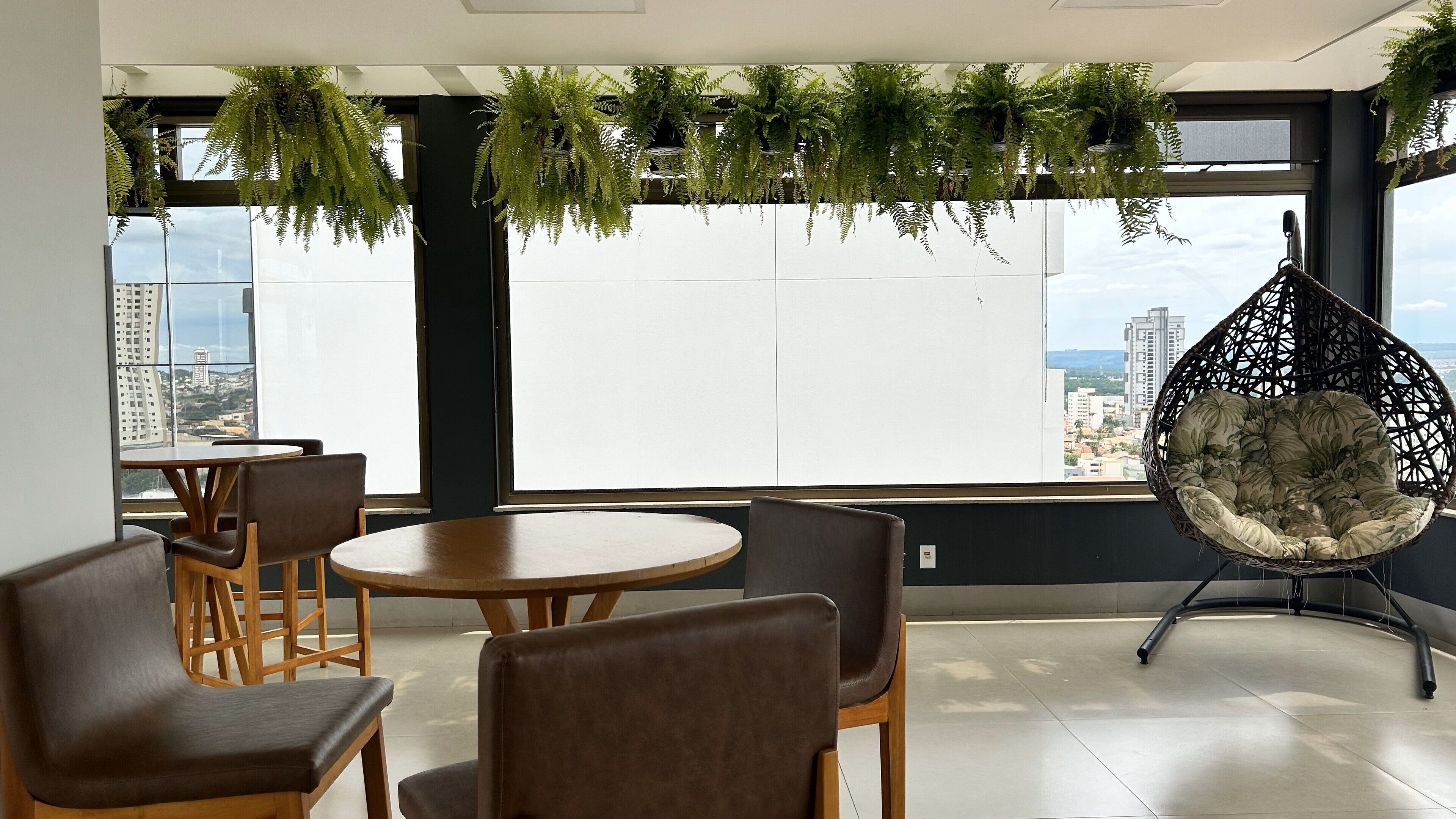 Um interior moderno com uma mesa redonda de madeira, cadeiras de couro marrom, samambaias penduradas e uma cadeira trançada preta com almofada.