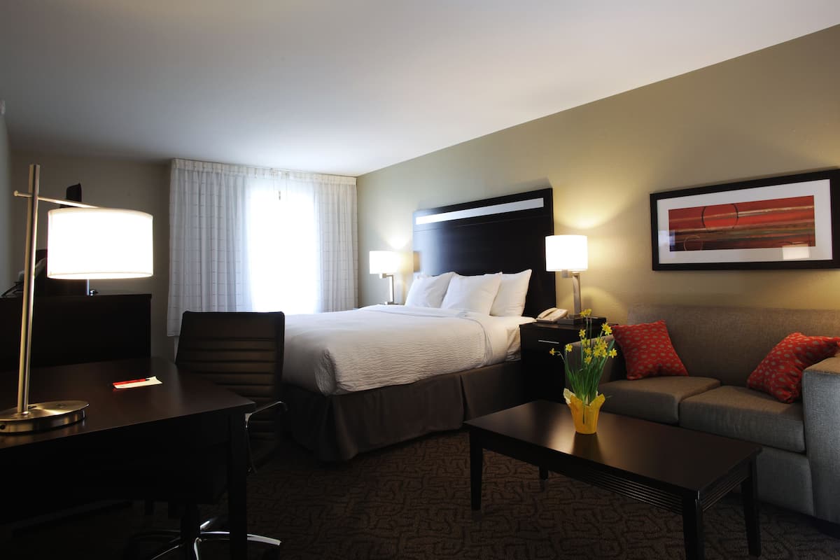 Quarto de hotel com cama, escrivaninha, cadeira, sofá, mesa de centro e um quadro na parede.