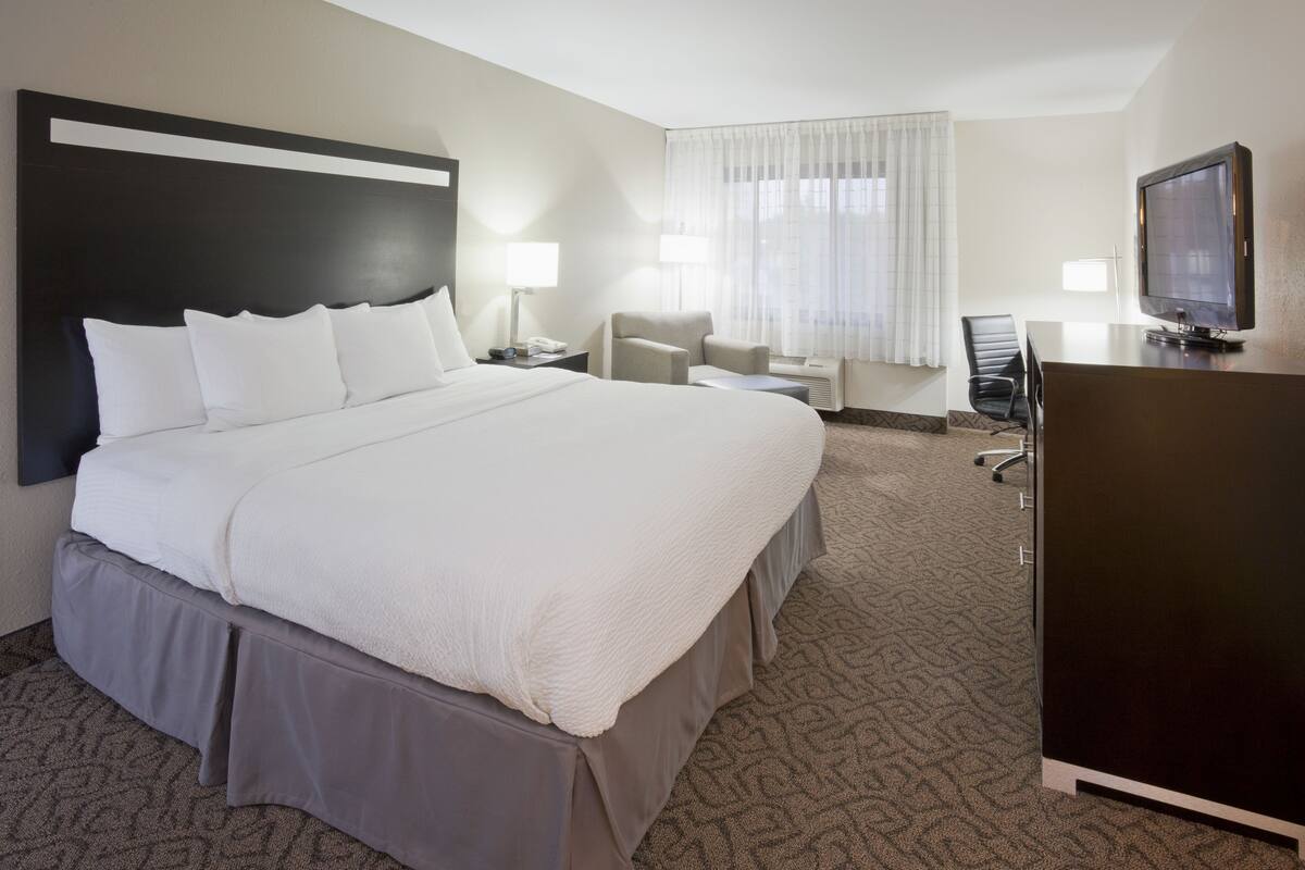 Quarto de hotel com uma cama grande, uma escrivaninha com televisão, uma cadeira e uma luminária.