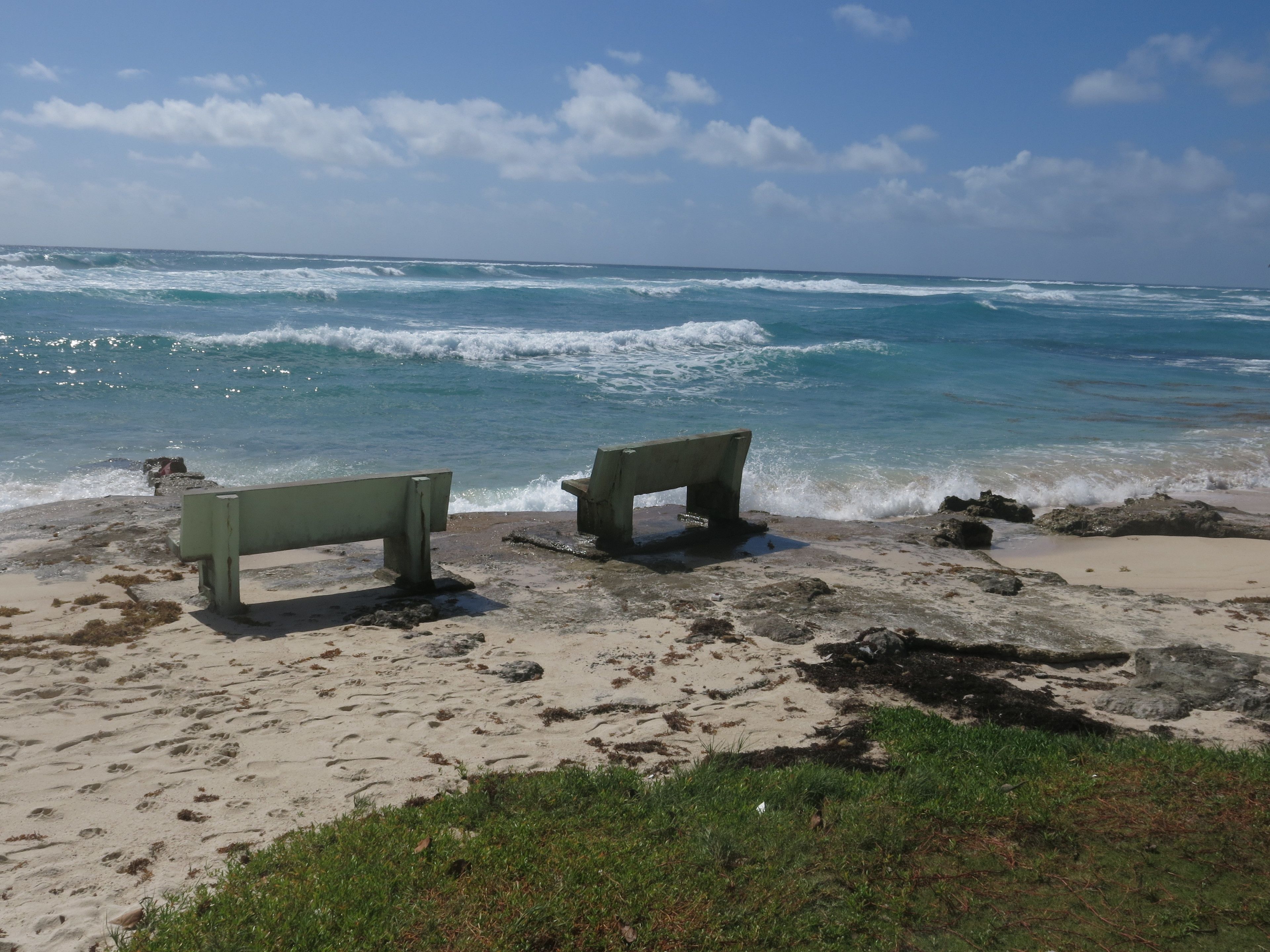 Uma praia com dois bancos de concreto virados para o oceano.