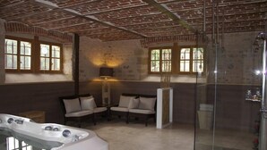 Um quarto de spa com chuveiro em cabine de vidro, uma banheira de hidromassagem e dois sofás.