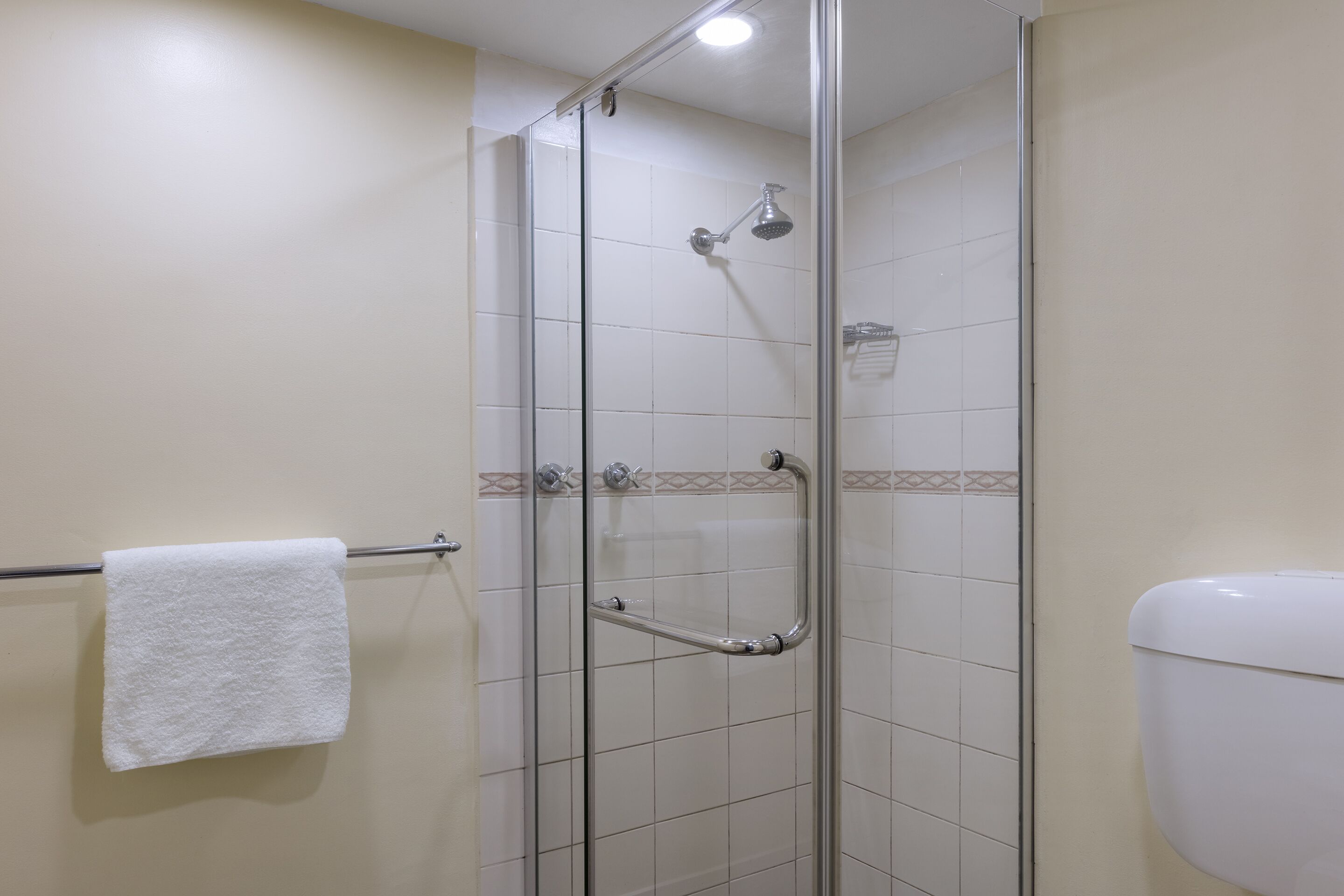 Um chuveiro com porta de vidro, um porta-toalhas com uma toalha branca e um vaso sanitário com caixa acoplada branca.