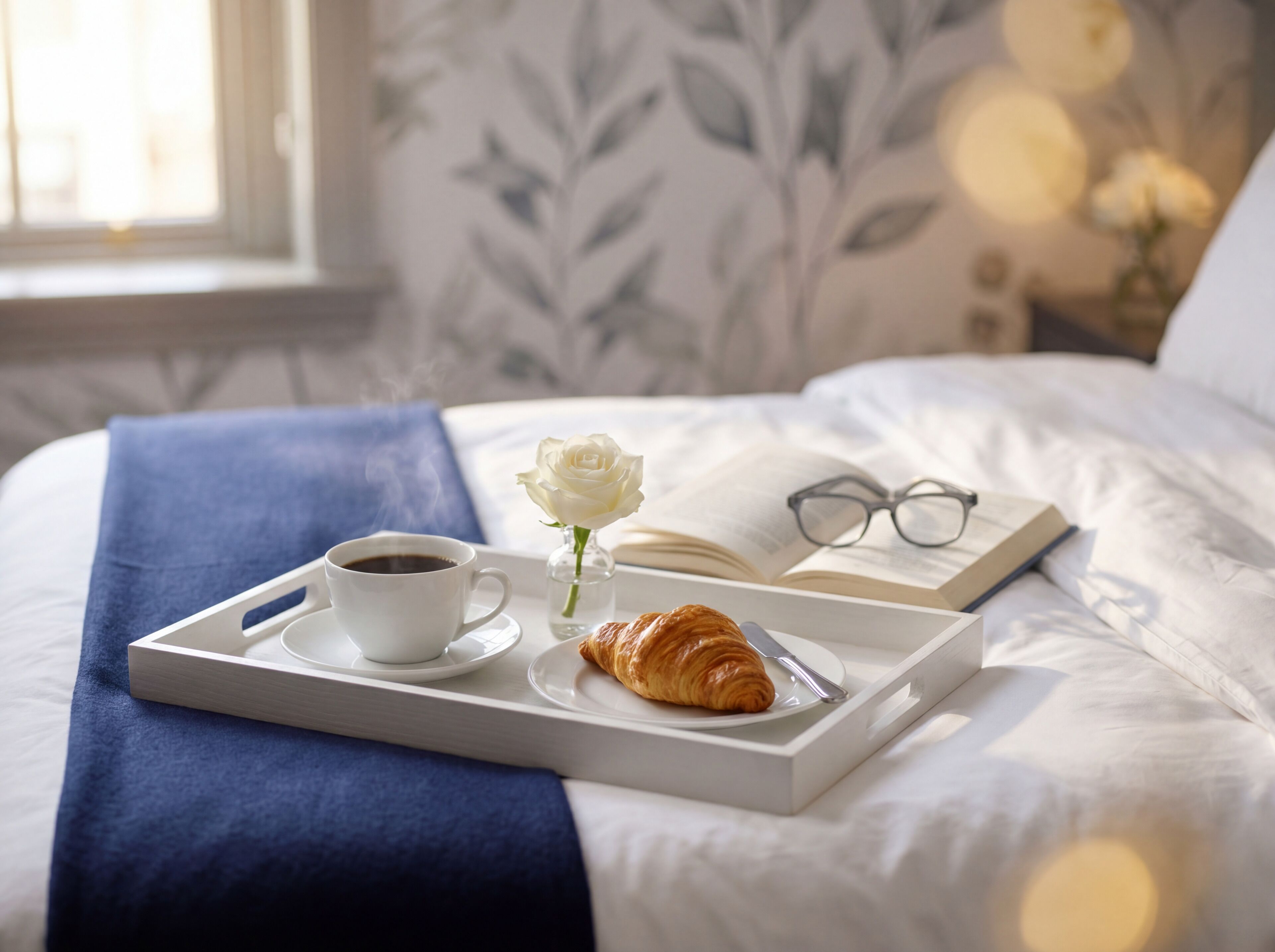Bandeja de café da manhã bem organizada sobre a cama, com um livro, óculos e uma rosa.