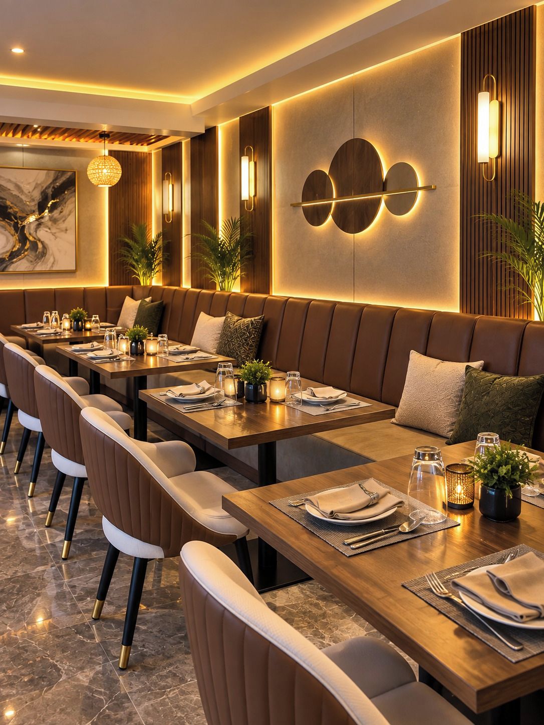 Interior moderno de restaurante com uma longa mesa de jantar, assentos acolchoados e iluminação ambiente.