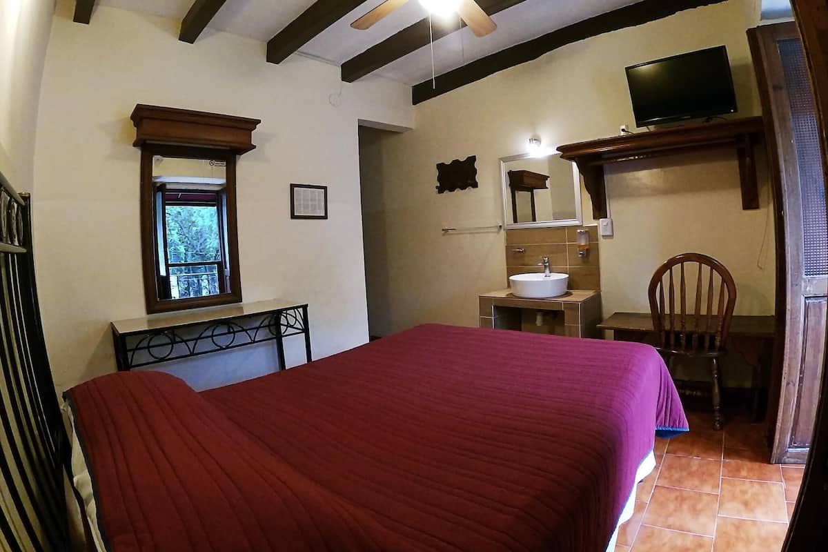 Quarto com cama, televisão, pia e uma cadeira.