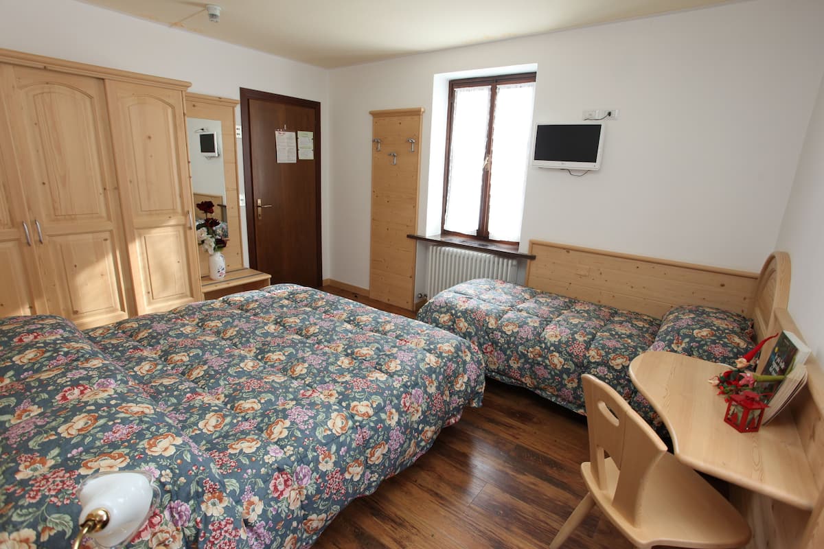 Quarto com duas camas, uma escrivaninha de madeira, uma cadeira, um radiador, uma janela e uma TV na parede.
