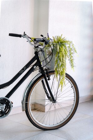 Bicicleta com cesto cheio de plantas, encostada a uma parede branca.
