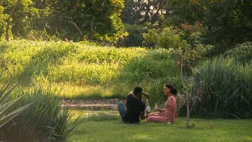 Duas pessoas sentadas na grama em ambiente natural, com árvores e vegetação ao fundo.