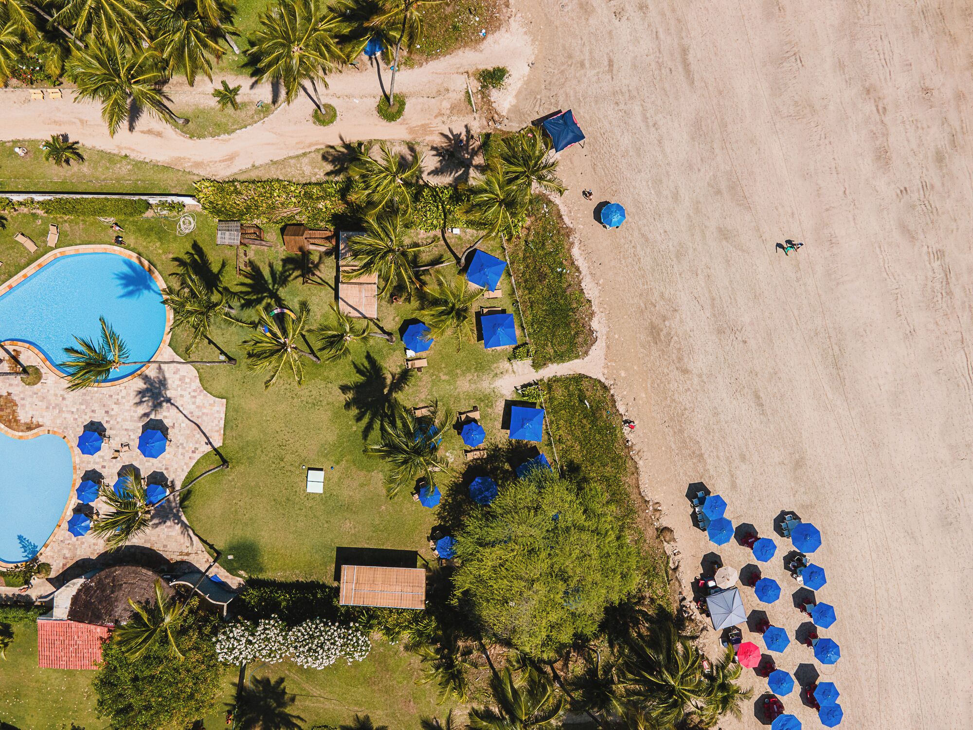 Vista aérea de um resort com piscina, guarda-sóis e palmeiras.