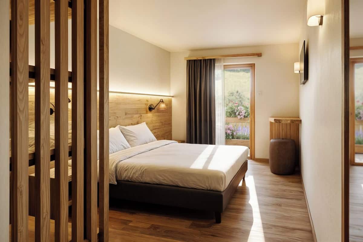 Quarto com cama, piso de madeira, janela com cortinas, abajur e uma pequena mesa com luminária.
