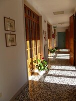 Um corredor com portas de madeira, quadros nas paredes e plantas em vasos ao longo do chão.