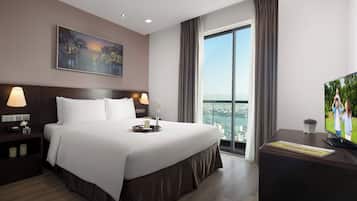 Quarto premier, 2 quartos, vista para a cidade | 1 quarto, roupas de cama de algodão egípcio, roupas de cama premium