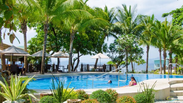 Área de piscina com palmeiras, espreguiçadeiras e guarda-sóis.