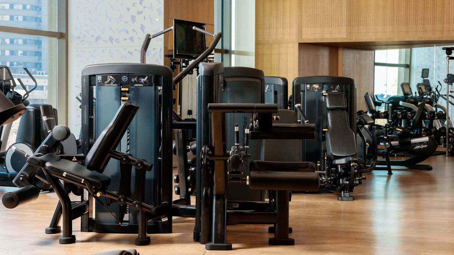 Uma academia com diversos equipamentos de exercícios, incluindo aparelhos de musculação e equipamentos cardiovasculares.
