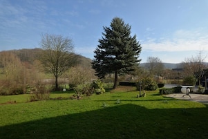 Um jardim bem cuidado com uma grande árvore conífera, gramado e um pequeno lago.
