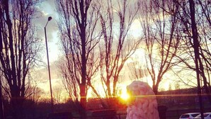 Escultura de uma figura humana em um parque, com um pôr do sol ao fundo.