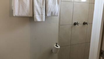 Casa de banho com sanita, chuveiro com parede revestida a azulejos e duas toalhas penduradas num suporte.
