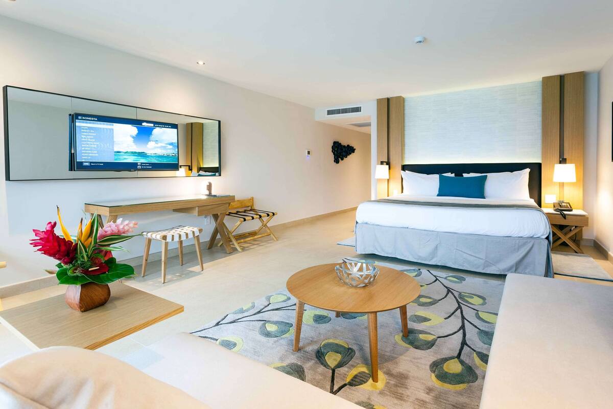 Quarto de hotel com cama, escrivaninha, cadeira, mesinha, sofá, televisão presa na parede e planta decorativa.