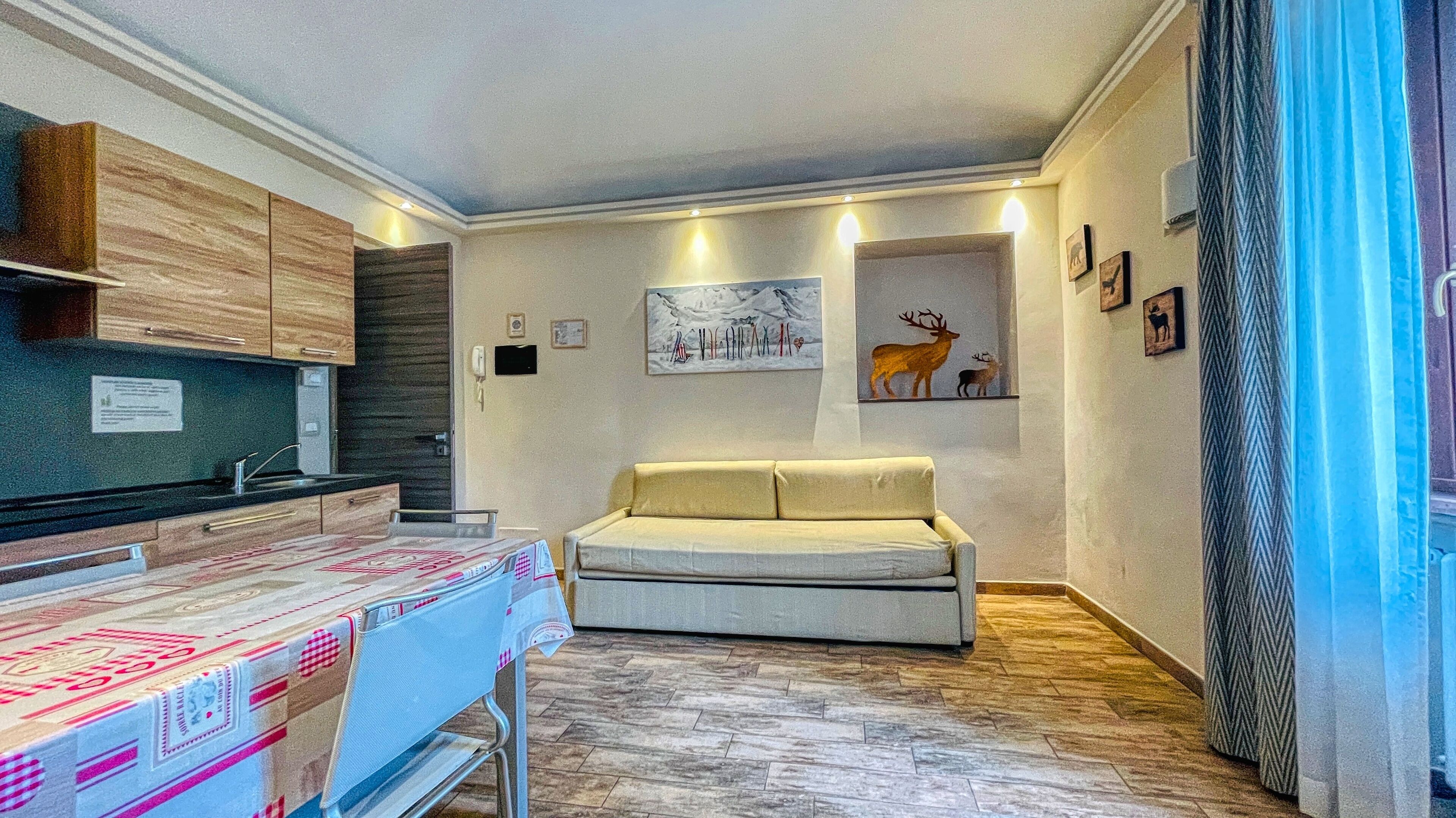 Apartamento superior, 1 quarto, terraço (5 people) | Área de estar | TV de tela plana 70 cm com canais digitais, TV