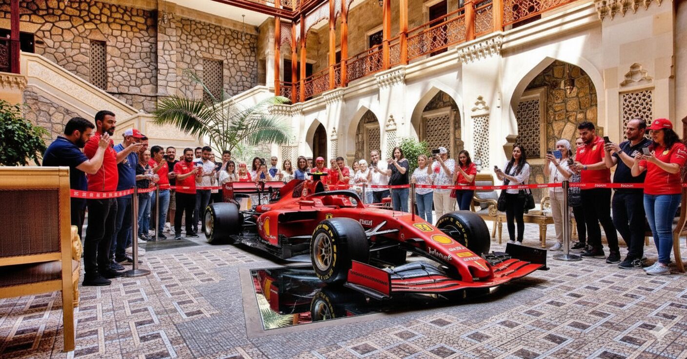 Um carro de Fórmula 1 vermelho em um pátio com paredes e arcos de pedra, cercado por pessoas.