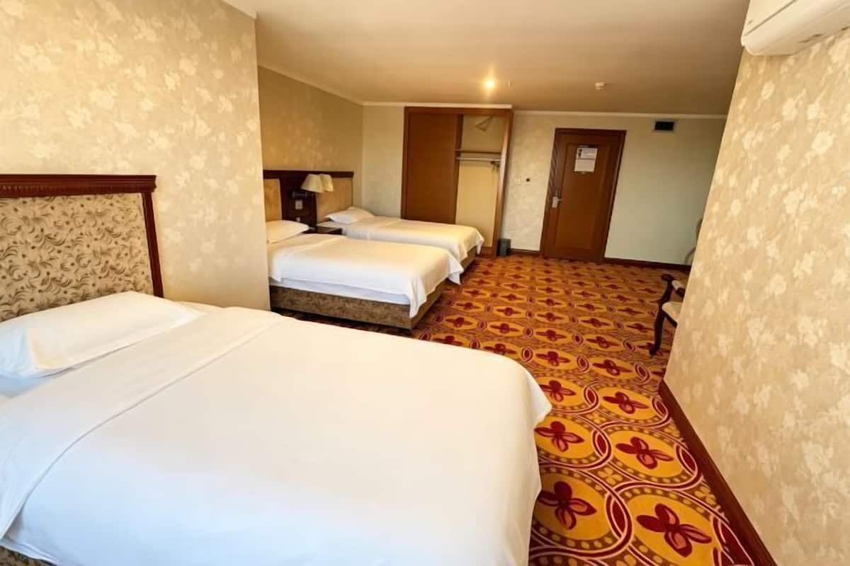 Quarto de hotel com duas camas, carpete estampado e porta que dá para outro espaço.