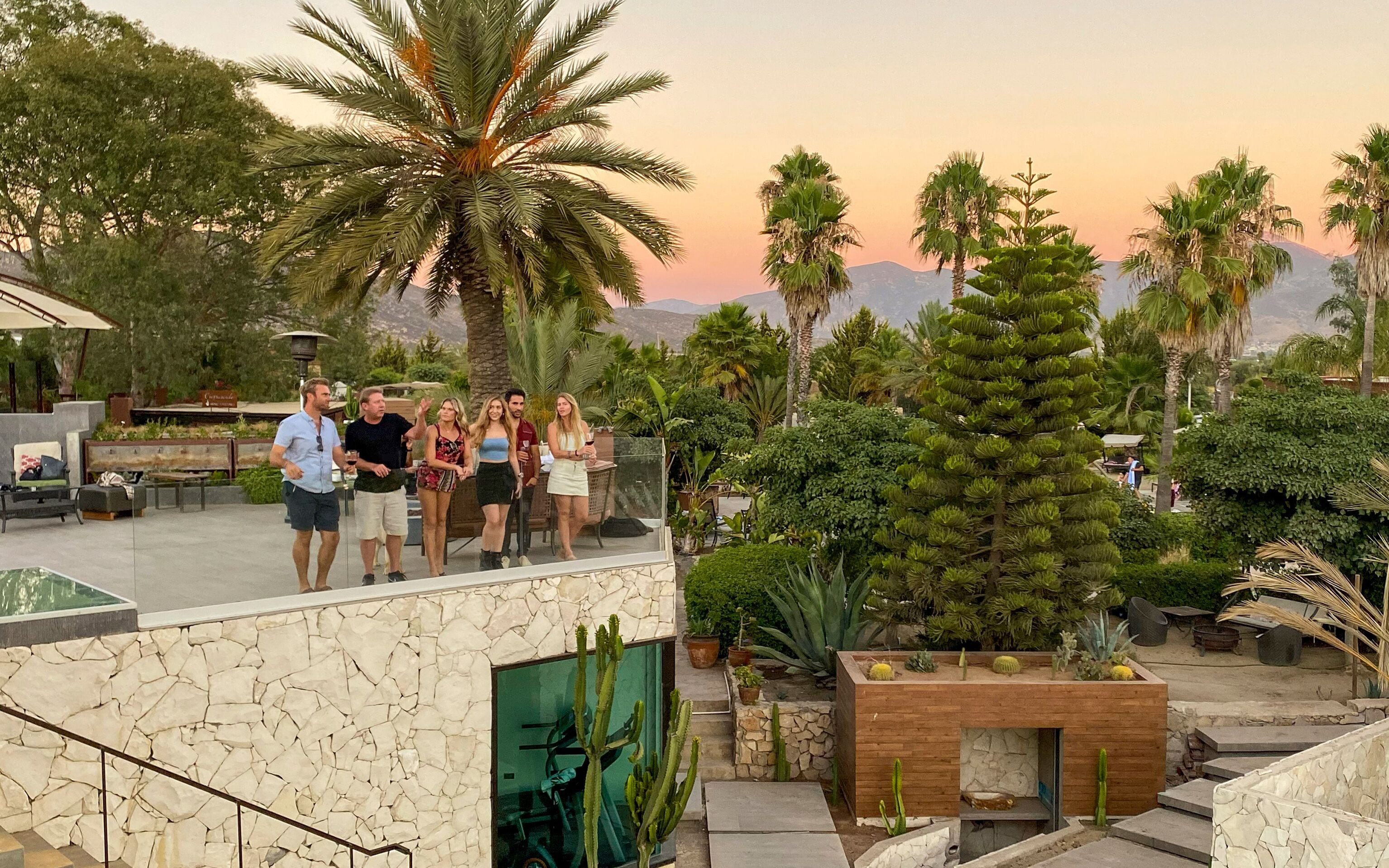 Um grupo de pessoas está em um terraço com vista para palmeiras e uma paisagem montanhosa.