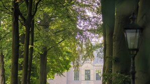 Uma trilha arborizada leva a um edifício com fachada de tijolos e uma entrada central.