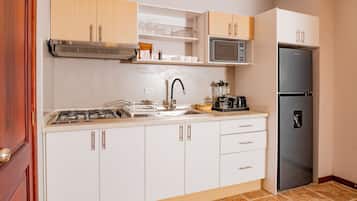 Apartamento Clássico | Cozinha privada | Um frigorífico, um micro-ondas, moinho de café, utensílios de cozinha
