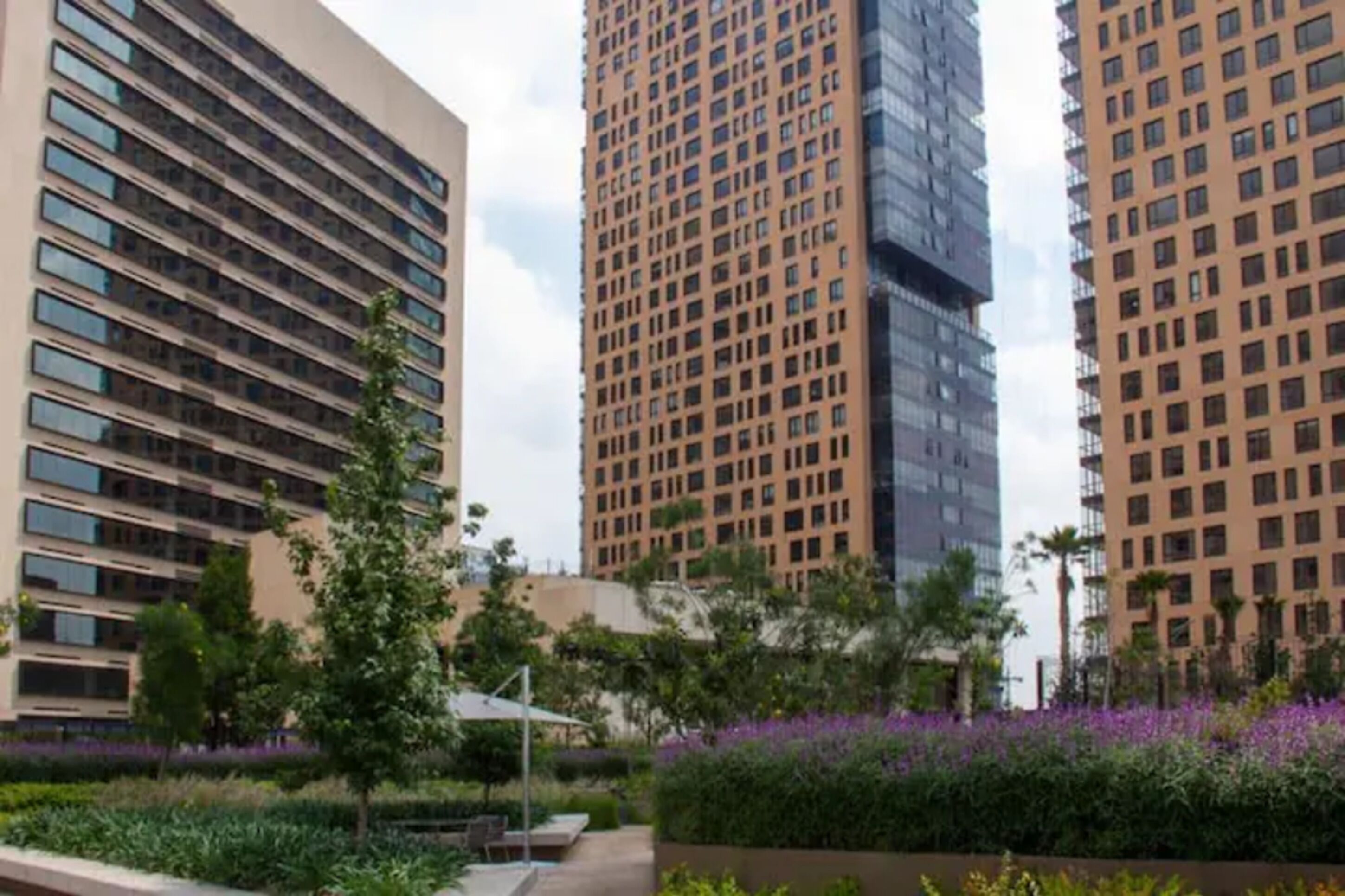 Uma área urbana moderna com edifícios altos, um jardim arborizado com flores roxas e céu claro.