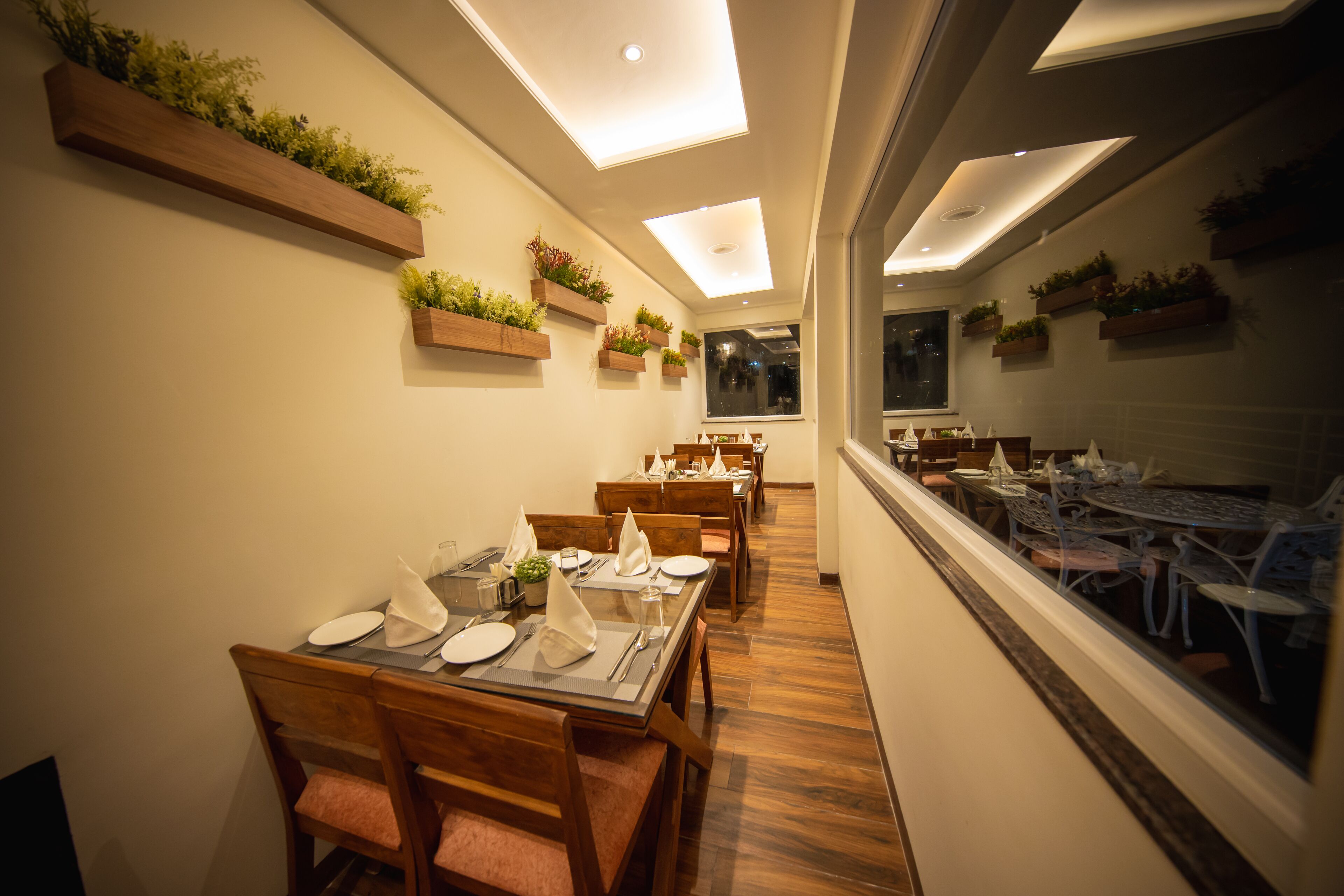 Um restaurante com mesas e cadeiras de madeira, um balcão comprido e plantas em prateleiras.