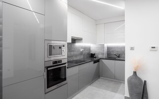 Apartamento luxo, 1 quarto | Cozinha privada | Geladeira, micro-ondas, fogão, cooktop