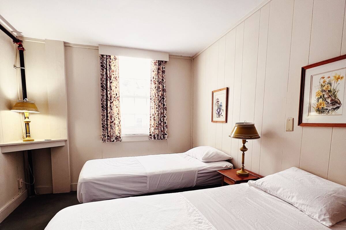Quarto de hotel com duas camas de solteiro, uma mesa com luminária, uma janela com cortinas e um quadro na parede.